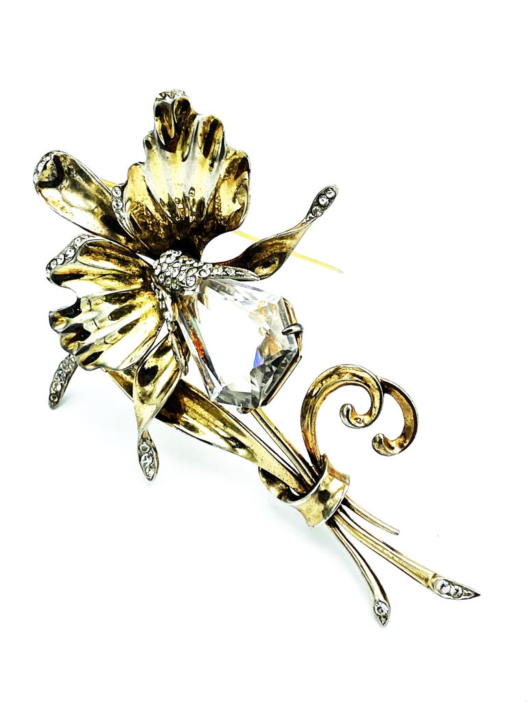 Floral Flower Brooch by Mazer, kite shaped orchid, gold plated Sterling ...