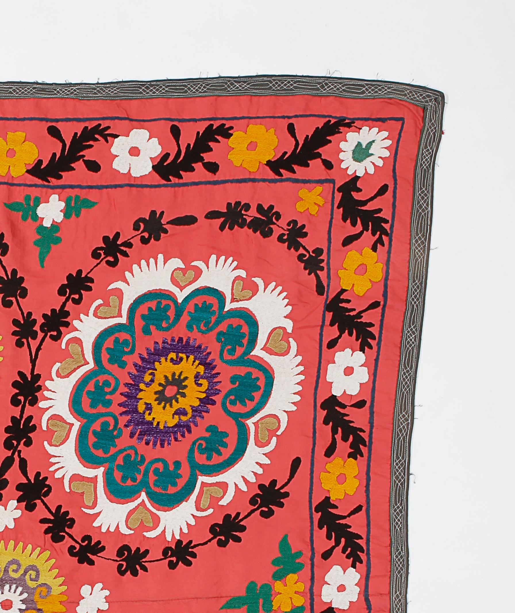Floral Patterned Asian Suzani Textile, Embroidered Cotton and Silk Wall ...