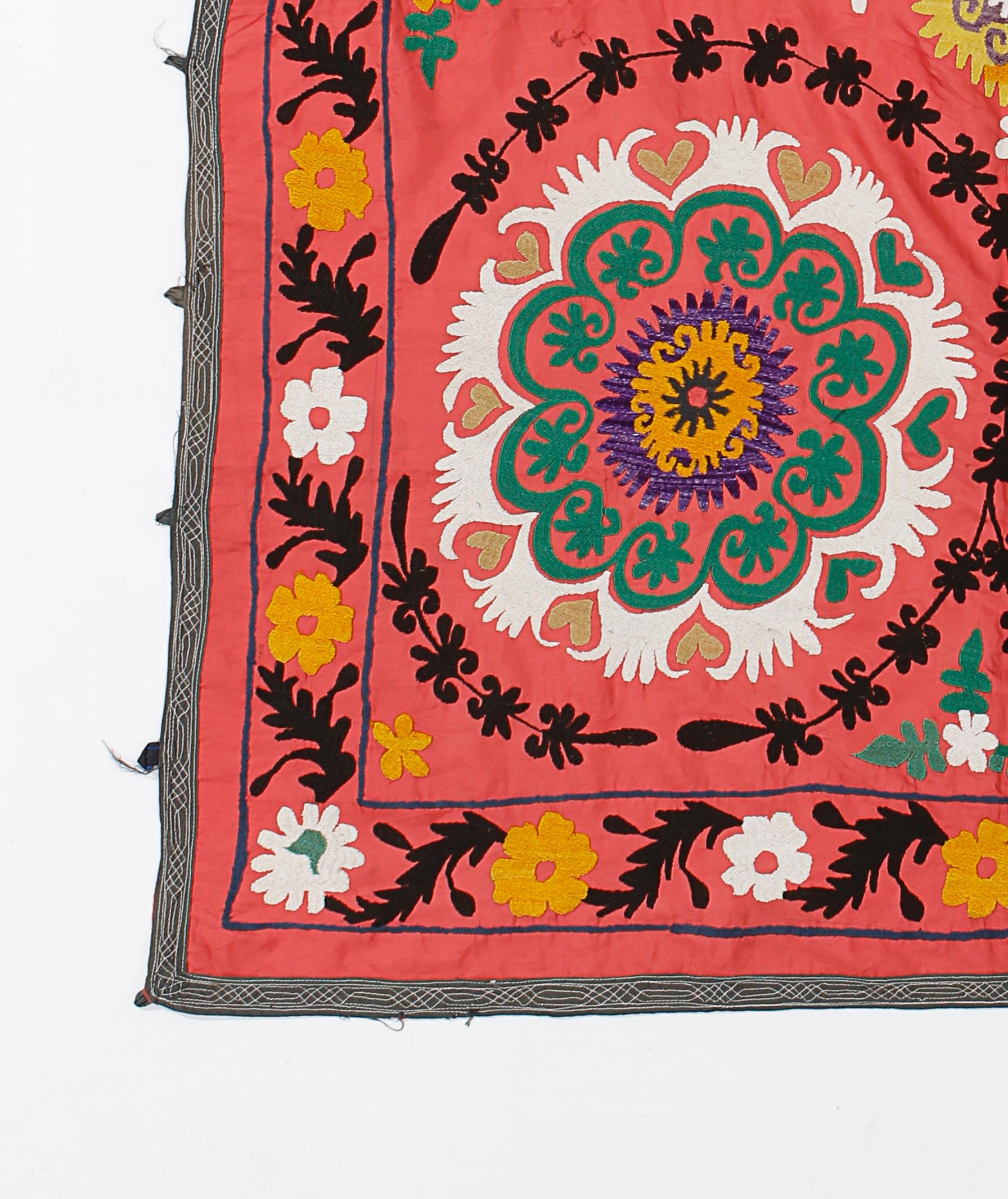 Floral Patterned Asian Suzani Textile, Embroidered Cotton and Silk Wall ...