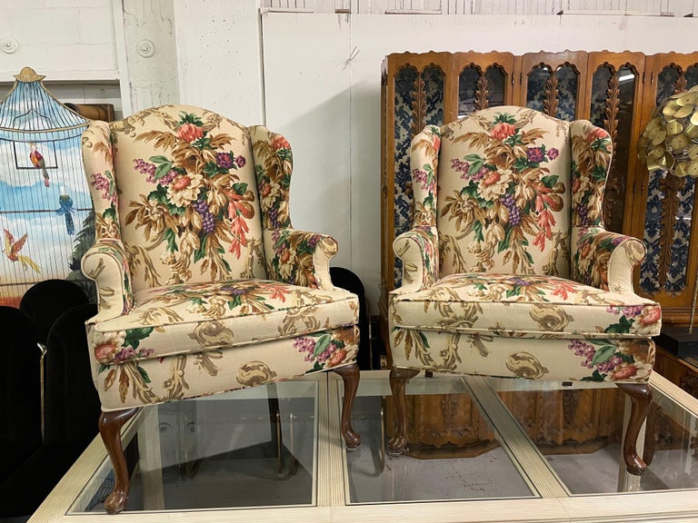 Floral Upholstered Wingback Chairs, a Pair at 1stDibs