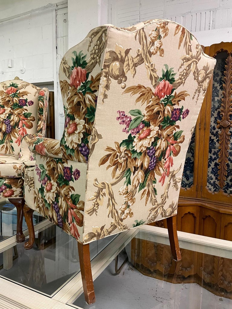 Floral Upholstered Wingback Chairs, a Pair at 1stDibs
