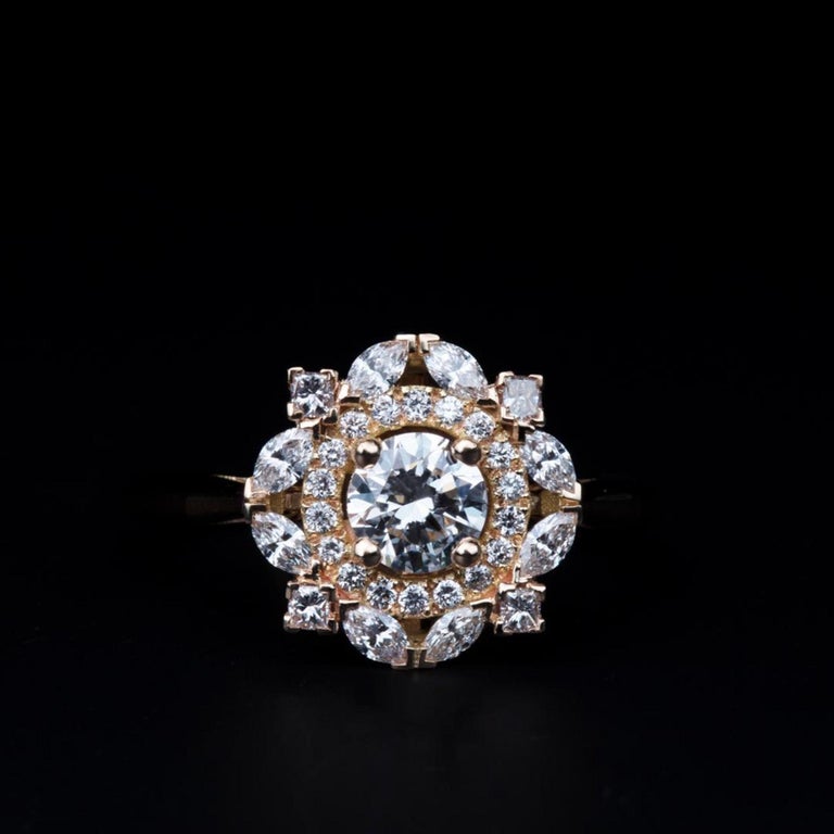 Customizable Floral Vintage Diamond Engagement Ring 18K Gold Halo ...