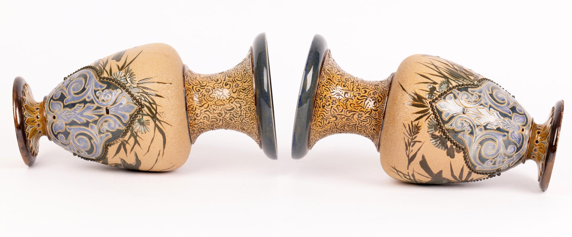 Florence Barlow Doulton Lambeth Pair Bird Decorated Vases at 1stDibs