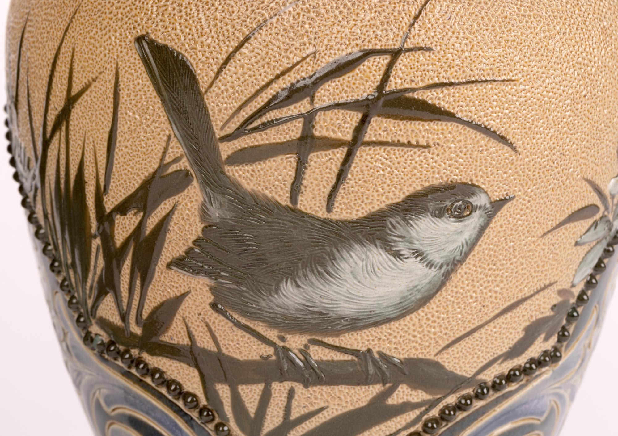 Florence Barlow Doulton Lambeth Pair Bird Decorated Vases at 1stDibs