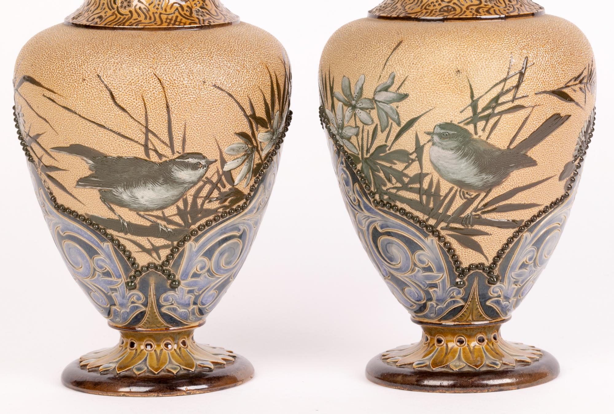 Florence Barlow Doulton Lambeth Pair Bird Decorated Vases at 1stDibs