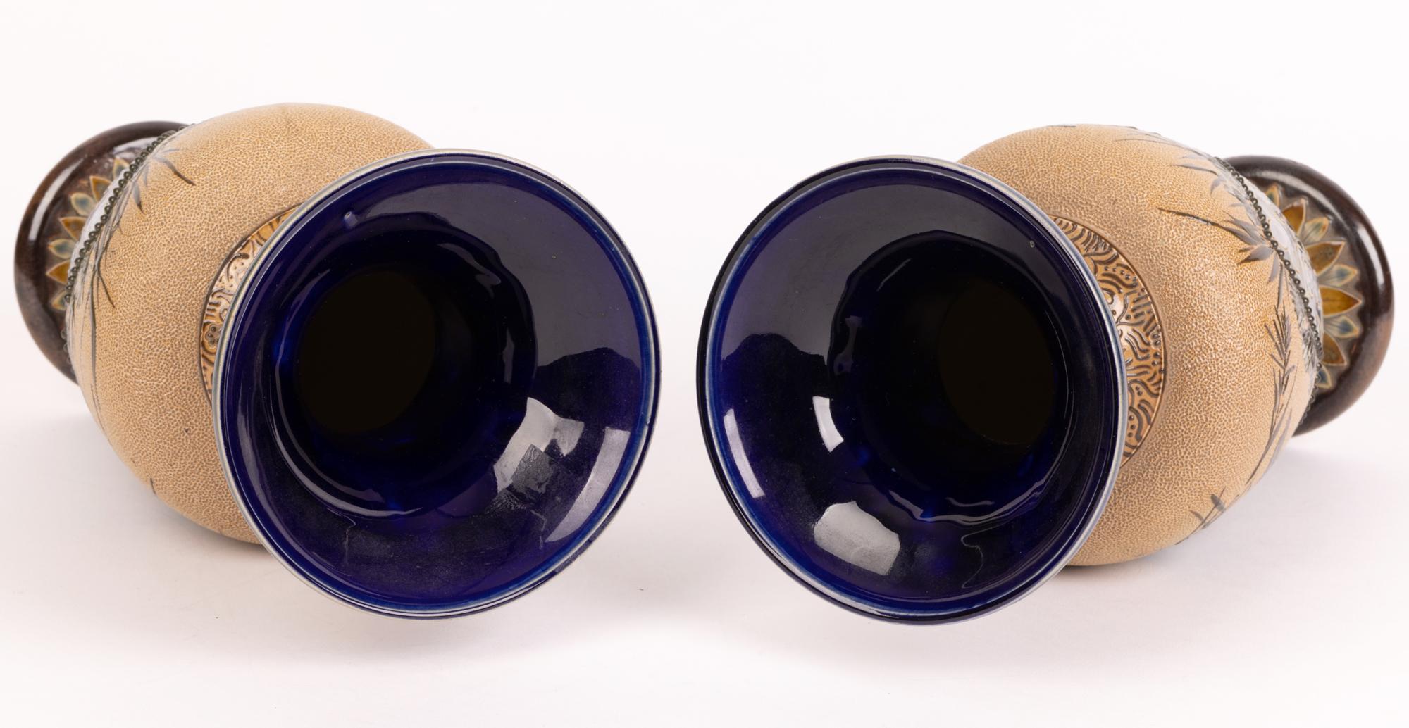 Florence Barlow Doulton Lambeth Pair Bird Decorated Vases at 1stDibs