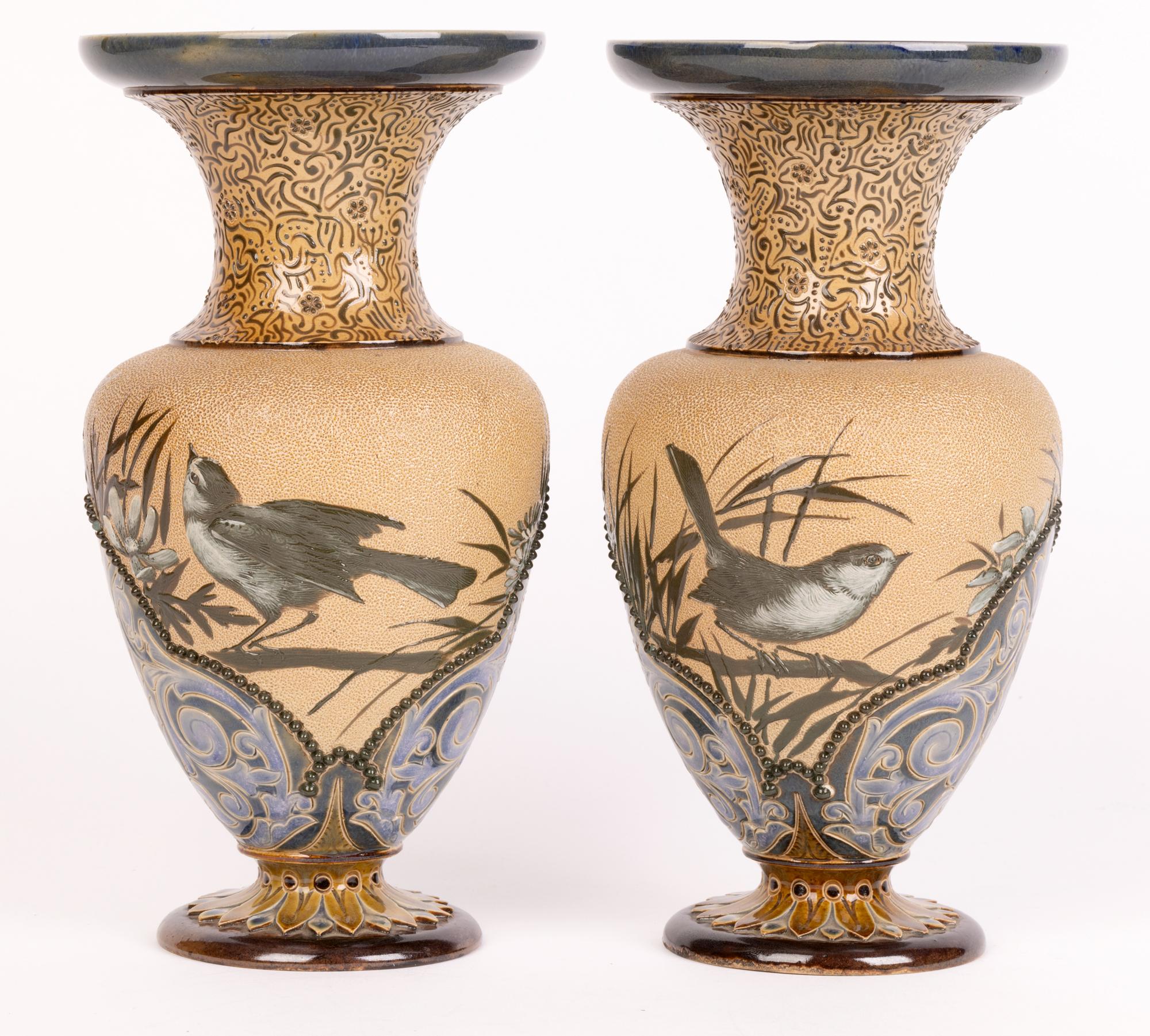 Florence Barlow Doulton Lambeth Pair Bird Decorated Vases at 1stDibs