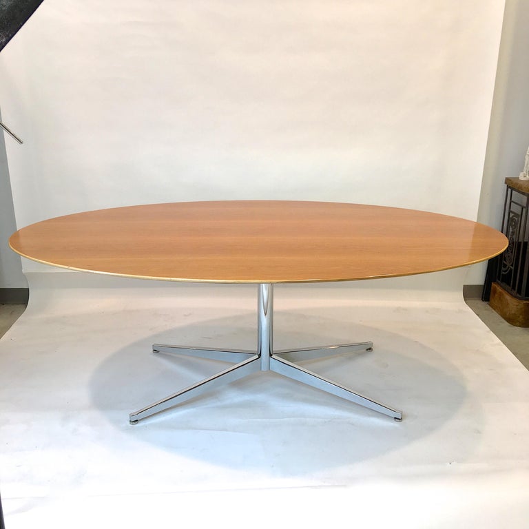 Florence Knoll Elliptical Oval Oak Table on Chrome X Base at 1stDibs