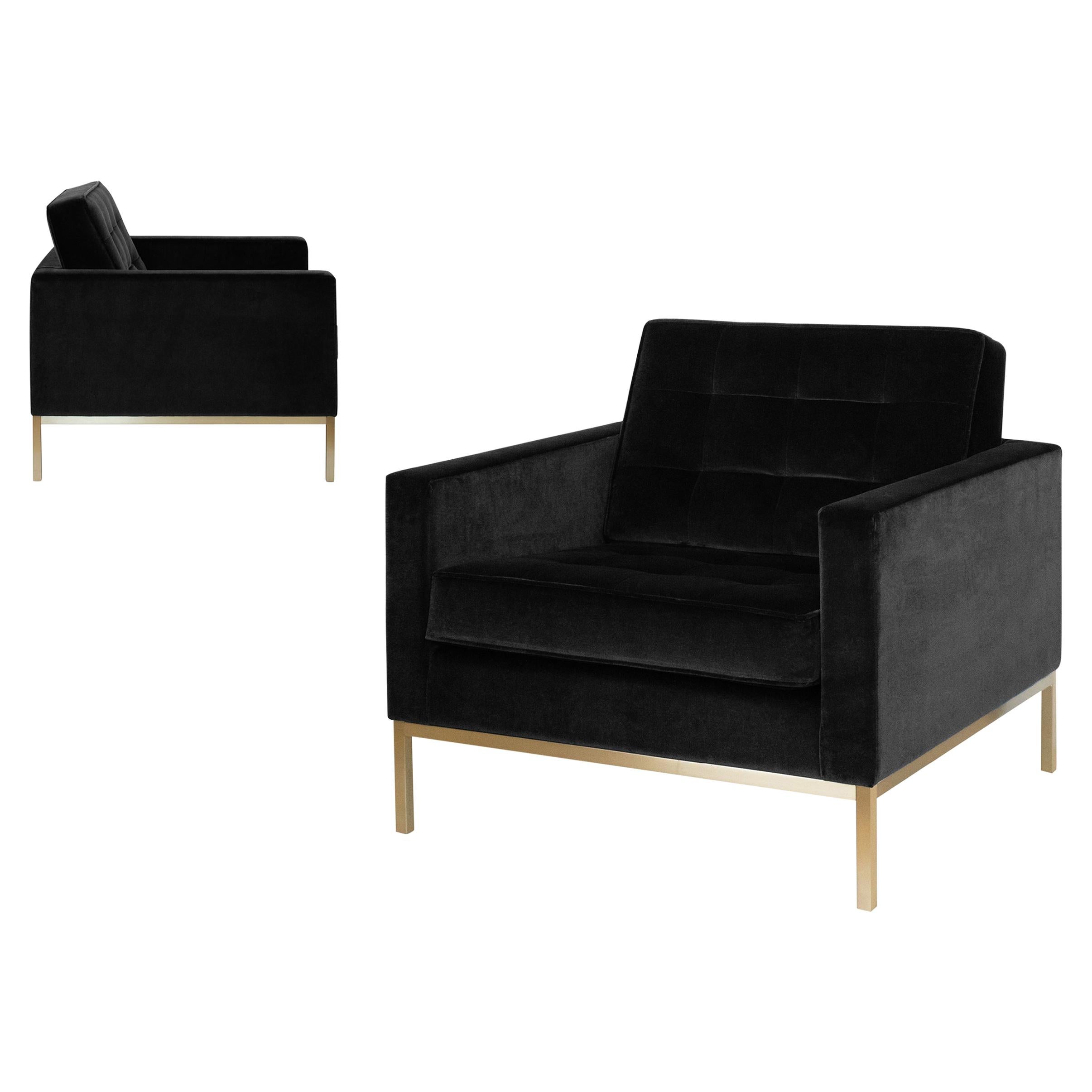 Florence Knoll Lounge Chairs in Noir Velvet with Brushed Brass Frames ...