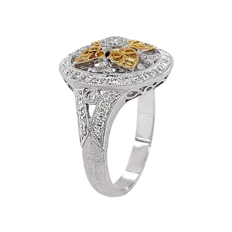 Florentine Finished Flower Motif Two-Tone 18 Karat Gold Italian Diamond ...