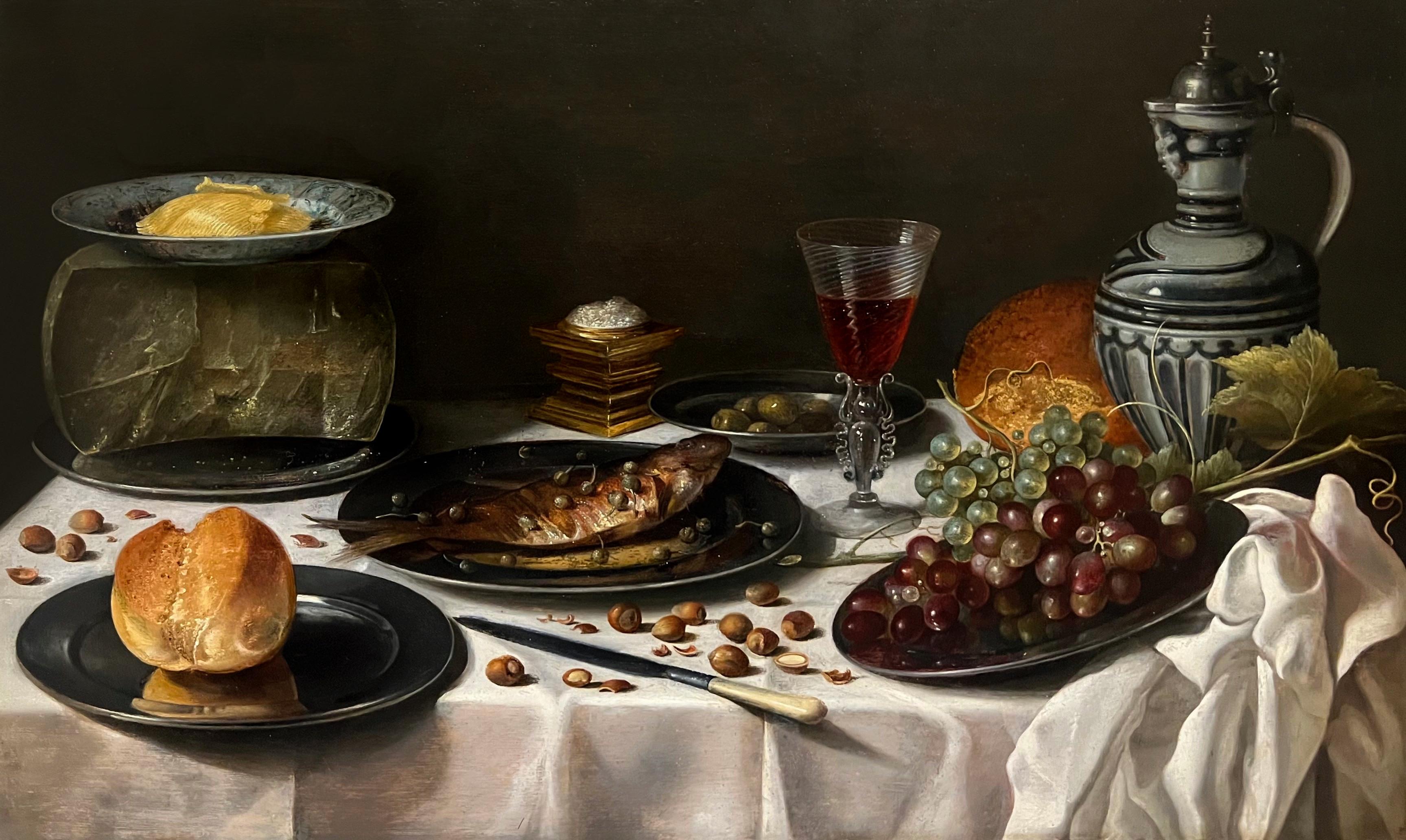 17th century Dutch Still-life Opulent table with wine, cheese and ...