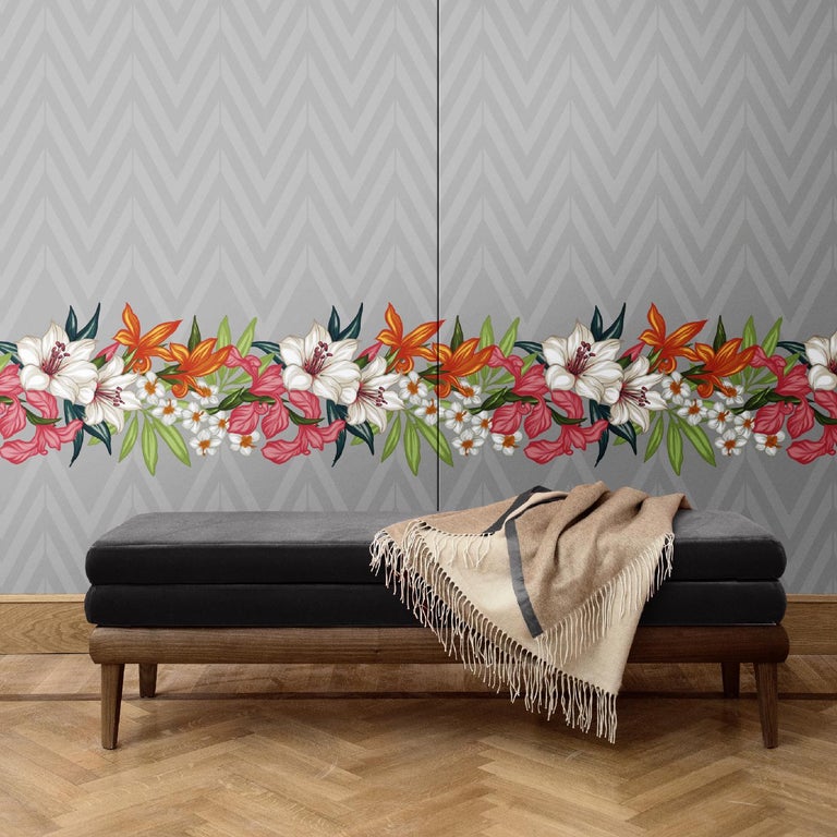 Flower and Chevron Pattern Grey Panel #1 For Sale at 1stDibs