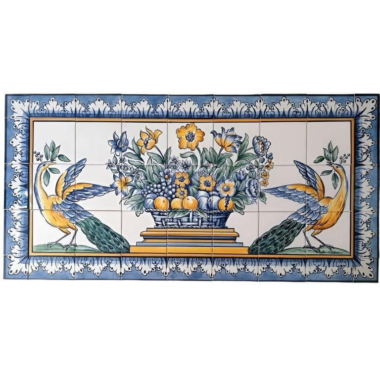 Flower Basket and Birds Tile Mural in Pure Clay and Fine Ceramic ...
