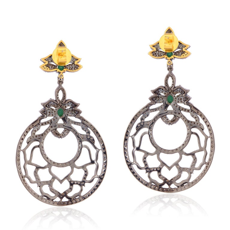 Flower Design Emerald Dangle With Green Enamel and Pave Diamonds For ...