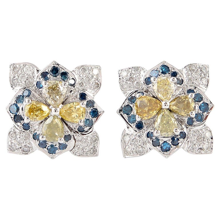 Flower Design Multi Colored Diamond Stud Earrings in 18k White Gold For ...