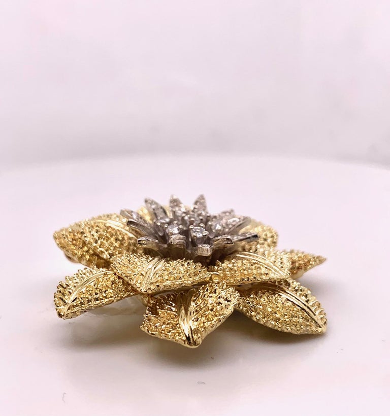 Flower Diamond Brooch with Intricate Petal Detailing For Sale at 1stDibs