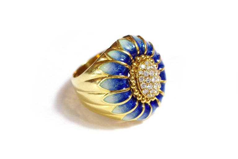 Flower Diamond Enamel Cocktail Ring in 18k Yellow Gold For Sale at 1stDibs