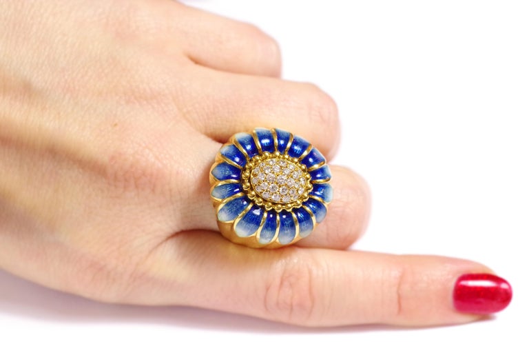 Flower Diamond Enamel Cocktail Ring in 18k Yellow Gold For Sale at 1stDibs
