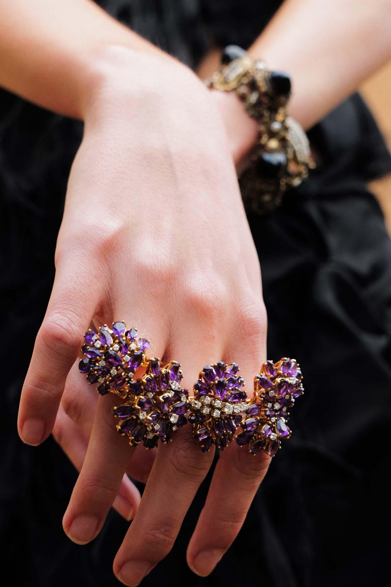 Flower Ring in Gold 18 Karats with Ornamental Amethysts and Diamonds ...