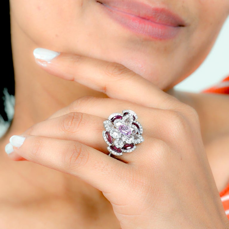 Flower Ring with Marquise Rhodolite on Border and Oval Pink Sapphire on ...
