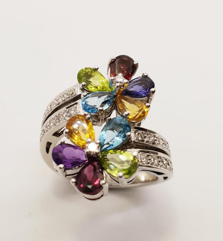 Multi Flower Multi Gemstones 18 Karat White Gold Ring at 1stDibs
