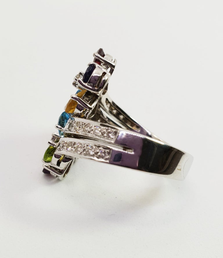 Multi Flower Multi Gemstones 18 Karat White Gold Ring at 1stDibs