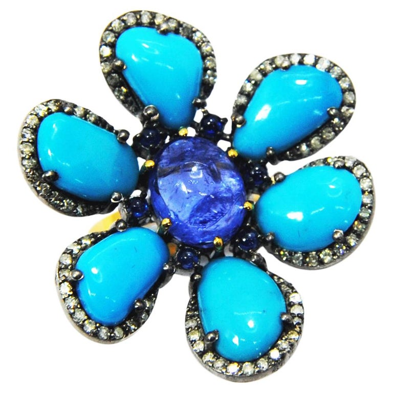Flower-Shaped Ring with Turquoise Diamonds at 1stDibs | diamond ring ...