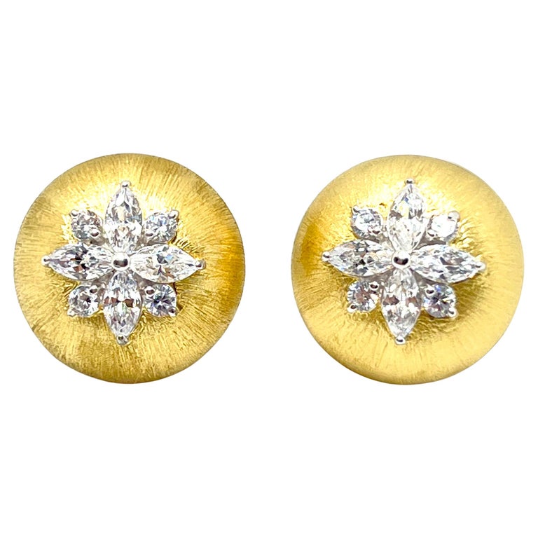 Hand-engraved Simulated Diamond Round Button Vermeil Clip-on Earrings For Sale at 1stDibs