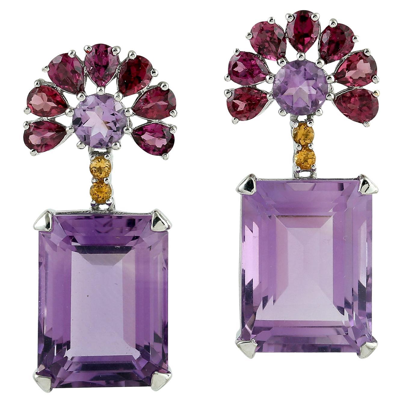 Drop Shaped Pearl and Multi Gemstone Dangle Earring with Diamonds in ...