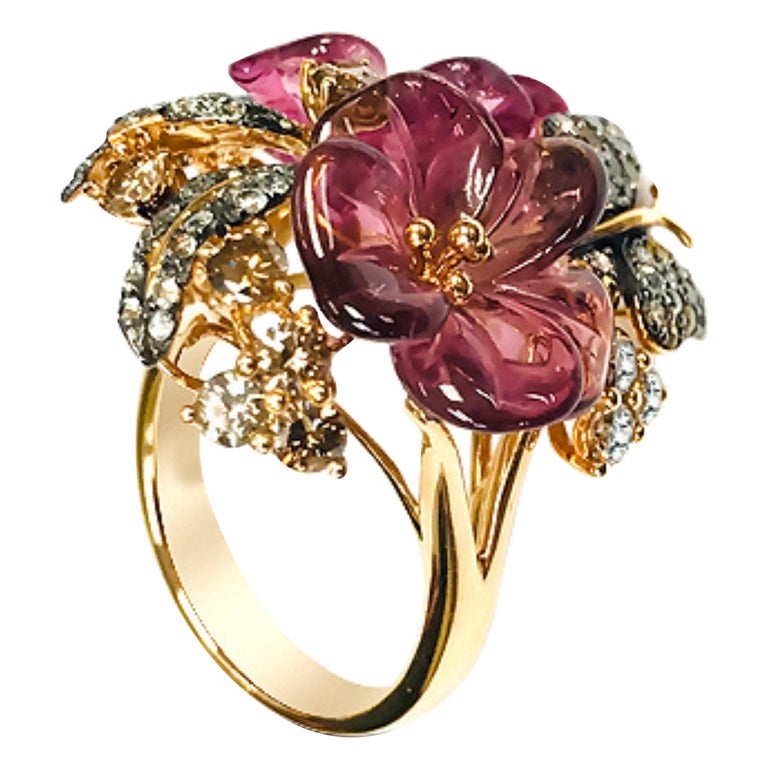 Flower Tourmaline Brown Diamonds Sapphire Ring 18 Karat Yellow Gold For ...