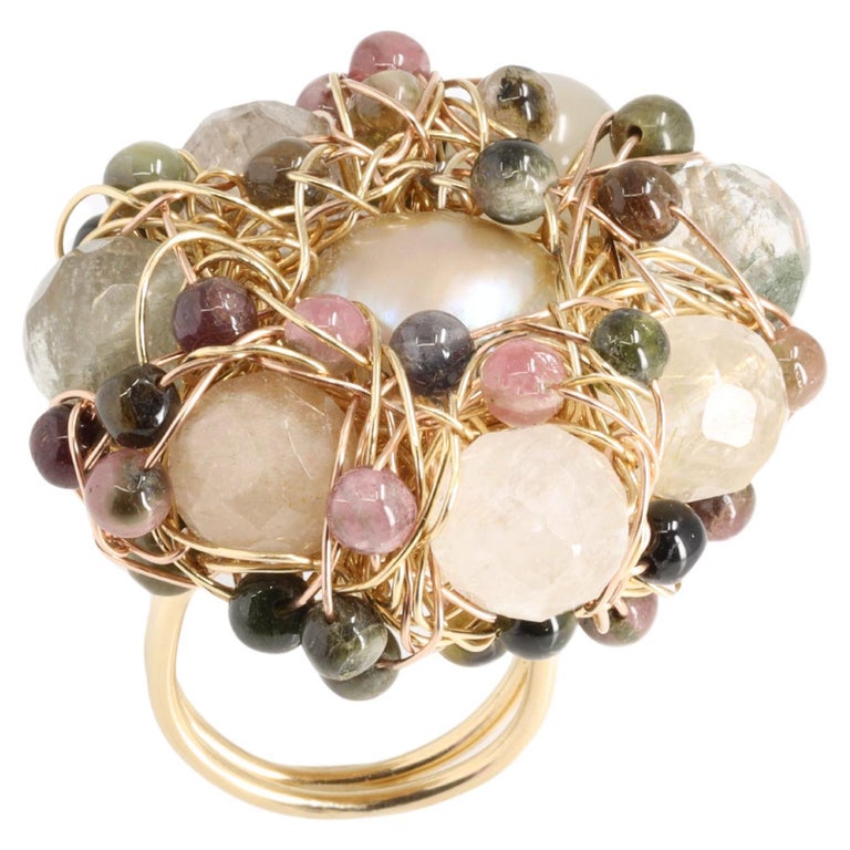 Flowerbomb Pearl Quartz Tourmaline Cocktail jewel Statement Ring in 14 ...