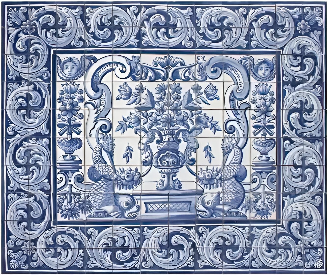 Azulejos Portuguese Tile Panel "Albarrada Flowers and Dolphins" Signed ...
