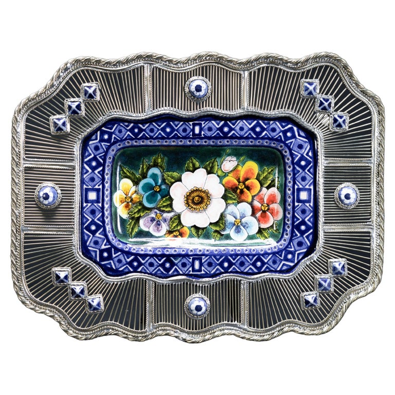 Flowers Ceramic and White Metal Tray at 1stDibs