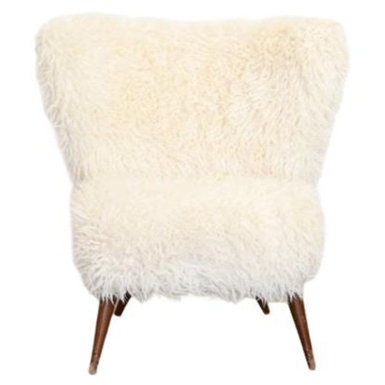 Fluffy Lounge Chair with White Faux Fur, 1950s For Sale at 1stDibs
