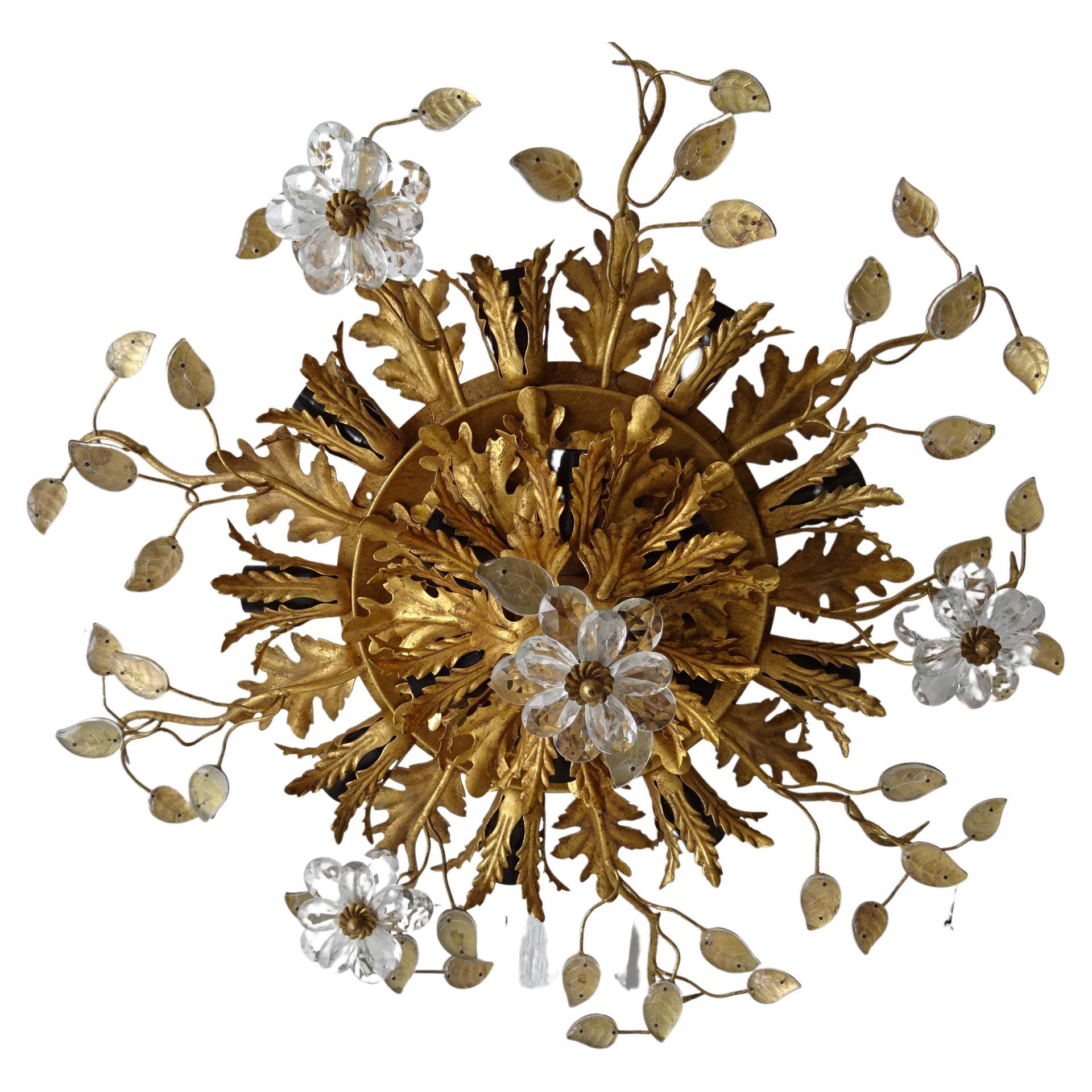 Flush Mount Maison Baguès Crystal Flowers Leaves Chandelier 15 Lights Signed For Sale at 1stDibs