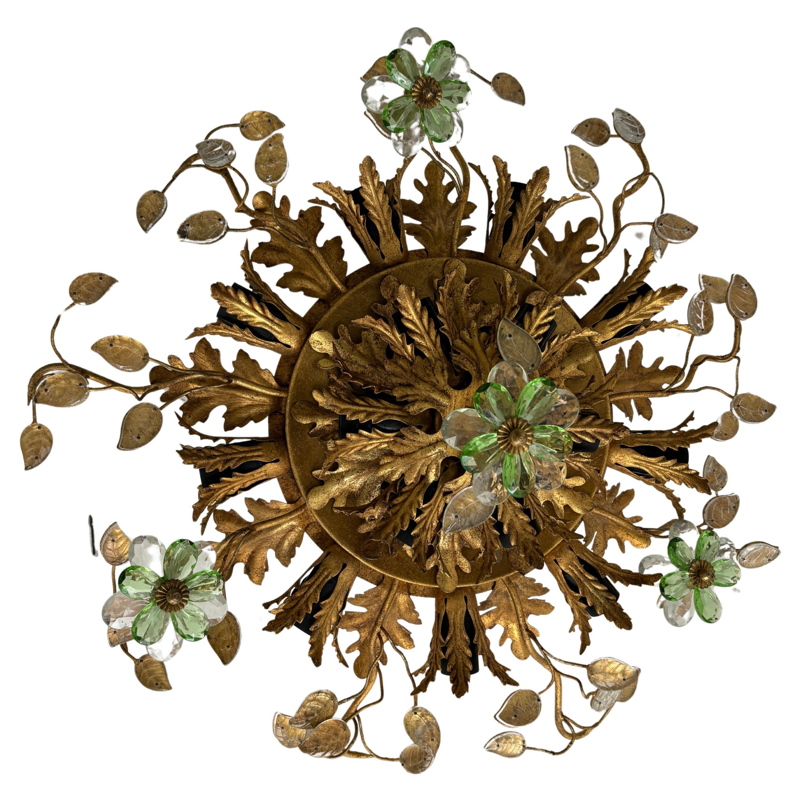 Flush Mount Maison Baguès Crystal Green Flowers Leaves Chandelier 15 Lights For Sale at 1stDibs