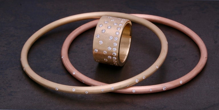 Flush Set Diamond, 14k Gold Solid Bangle Bracelet For Sale at 1stDibs