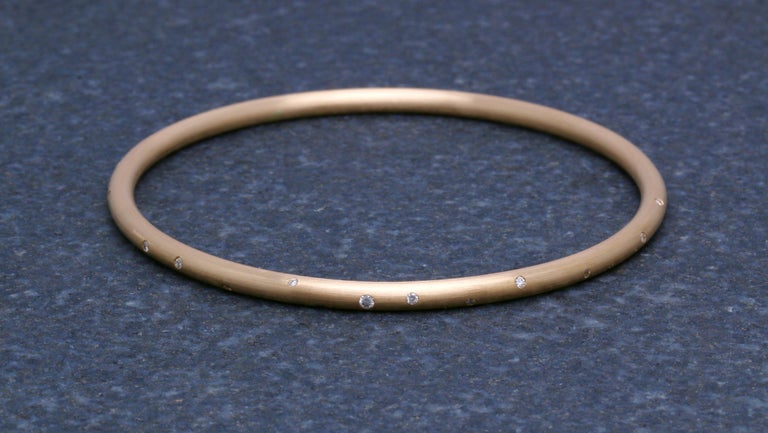 Flush Set Diamond, 14k Gold Solid Bangle Bracelet For Sale at 1stDibs