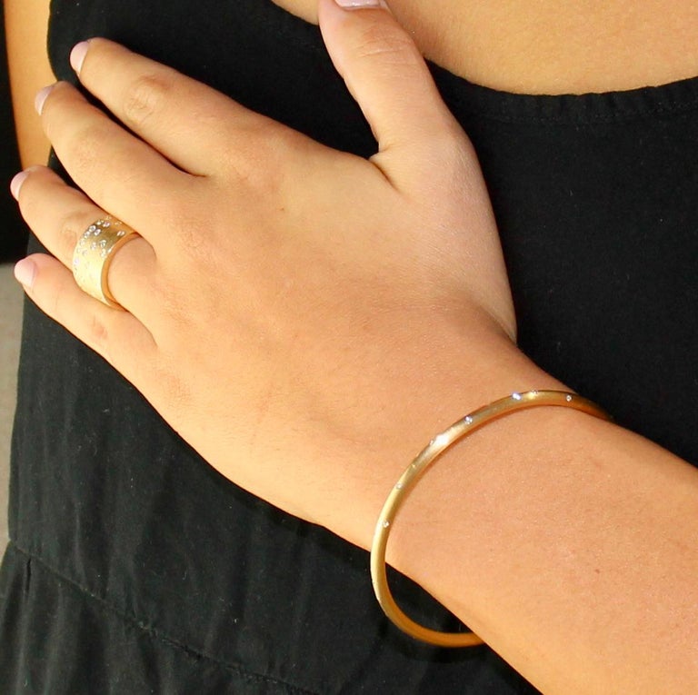 Flush Set Diamond, 14k Gold Solid Bangle Bracelet For Sale at 1stDibs