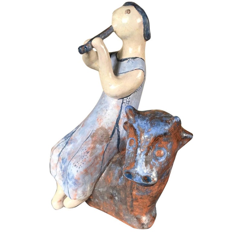 Vibrant Blue Flute Player "Inolee" by Eva Fritz-Lindner For Sale at 1stDibs