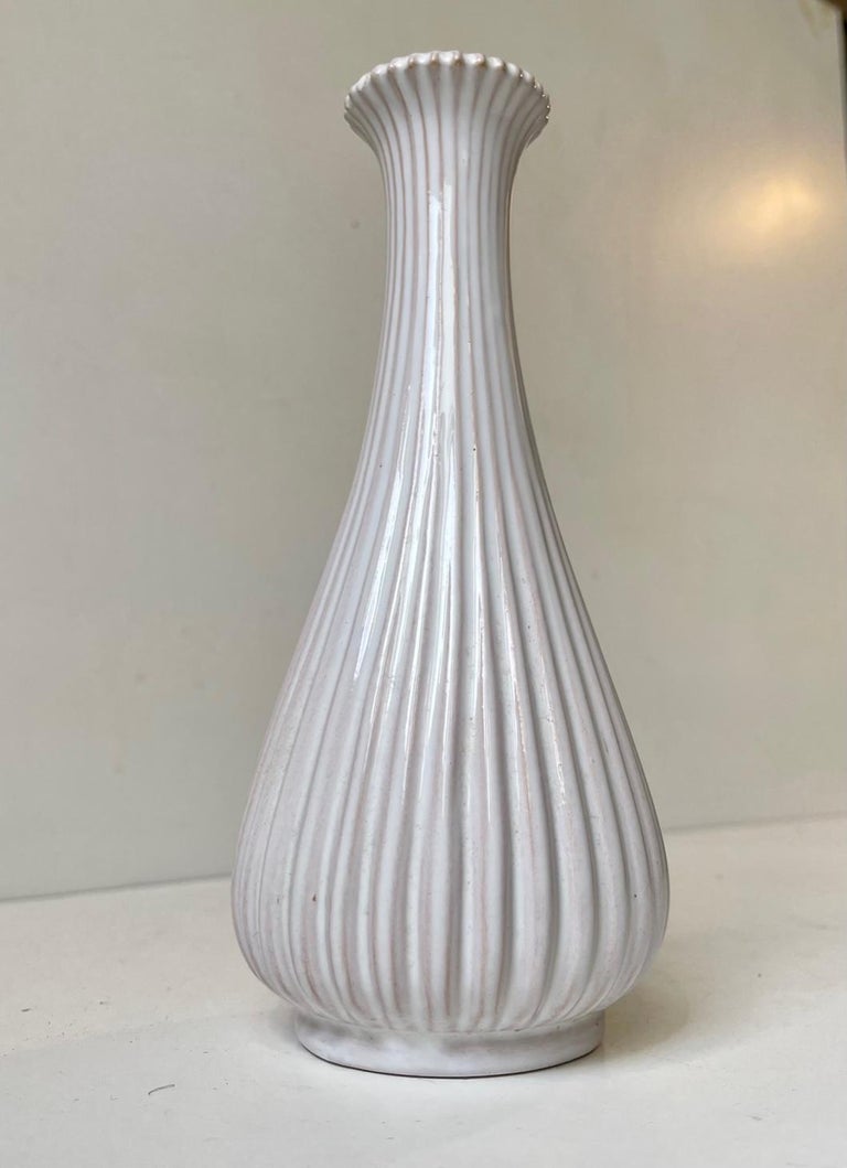 Fluted Ceramic Vase in White Glaze from Eslau, 1950s For Sale at 1stDibs