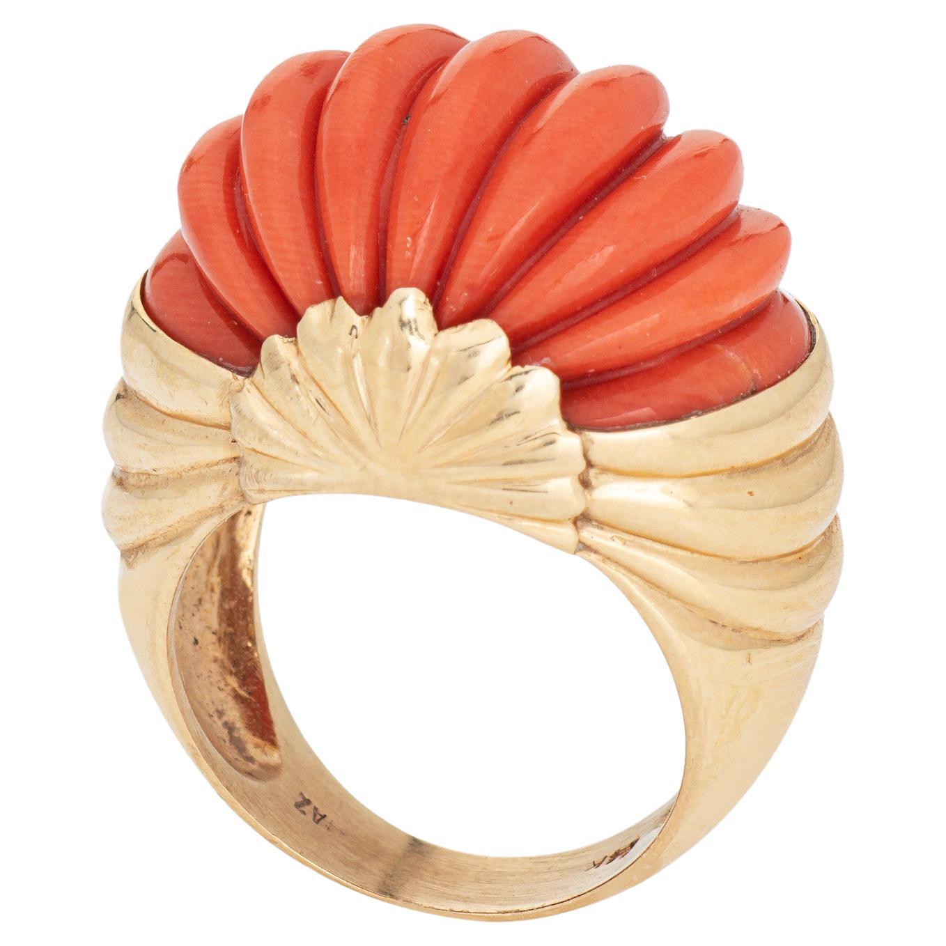 Fluted Coral Ring 60s Vintage 14k Yellow Gold Cocktail Jewelry Sz 7.75 ...