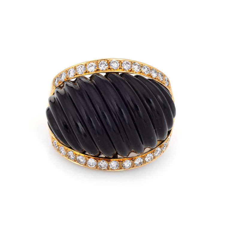 Fluted Onyx Diamond Ring Dome Vintage 18k Yellow Gold Estate Cocktail ...