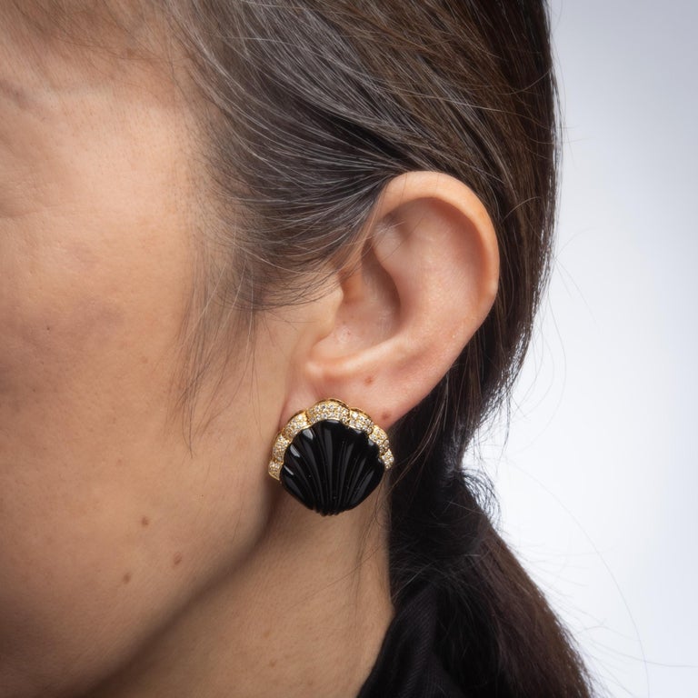 Fluted Onyx Diamond Shell Earrings Vintage 18k Yellow Gold Large ...