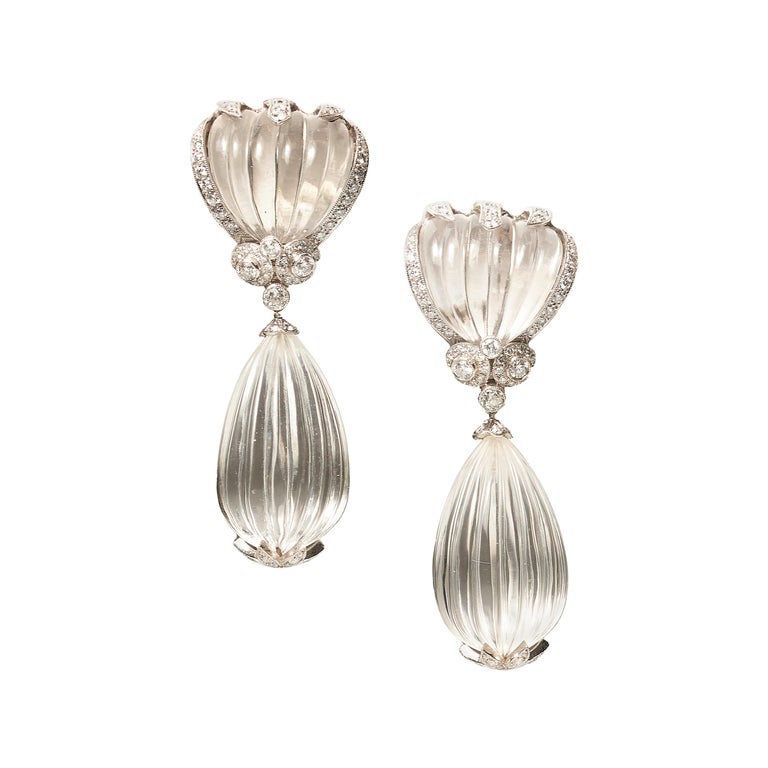 Fluted Rock Crystal and Diamond Drop Earrings, 4.50 Carats For Sale at ...