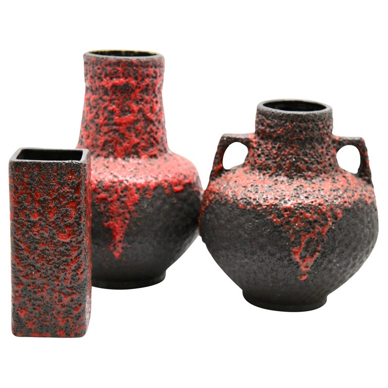 Fohr Ceramics 'Germany' Vases with Red Lava on Black For Sale at 1stDibs