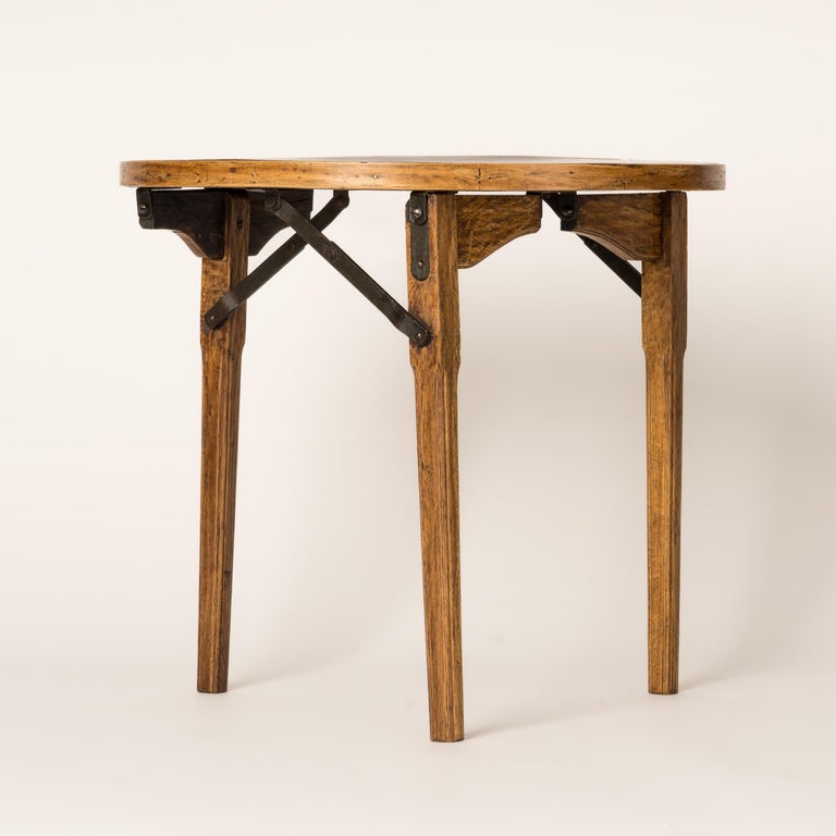 Foldable Feet Oak and Brown Leather End Table by E. Millien, France ...
