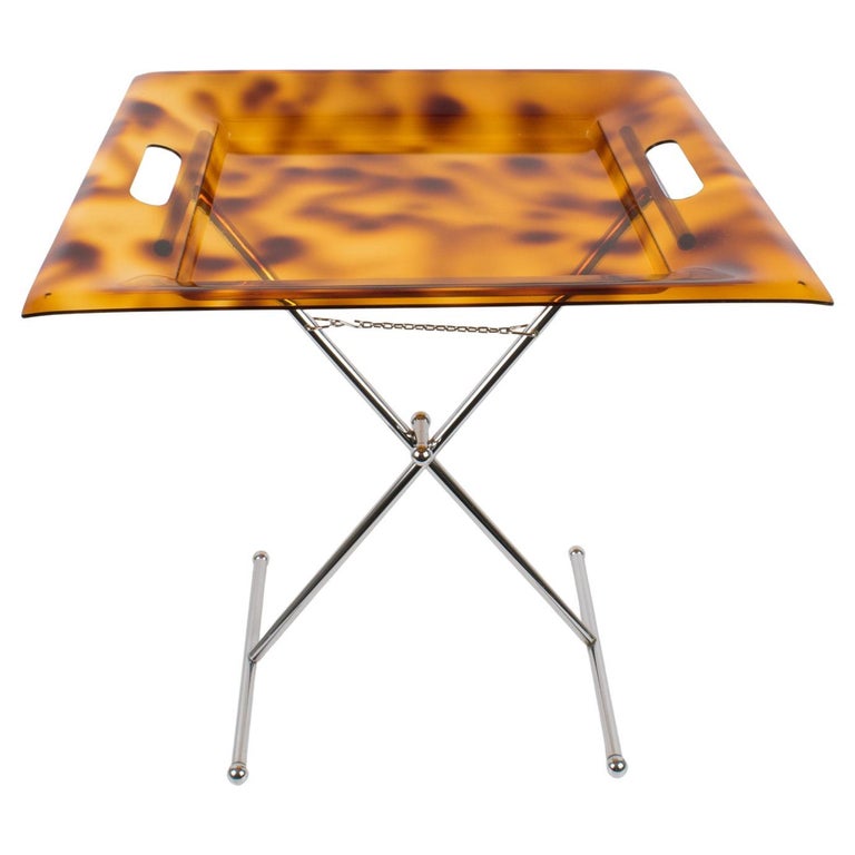 Folding Side Tray Table Tortoise Lucite and Chrome, Italy 1980s at 1stDibs