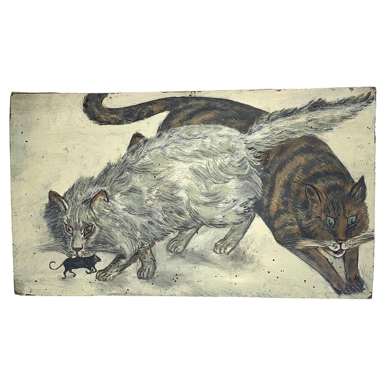 Folk Art Animal Painting Brown and White Cats and Mouse Oil on Panel ...