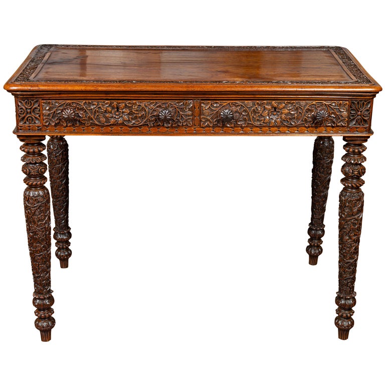 Foliage Carved 1900s Anglo-Indian Table with Two Drawers and Turned ...